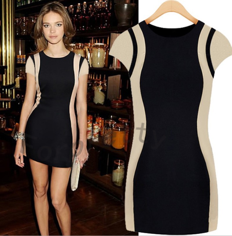 Womens Optical Illusion Contrast Cap Sleeve Stretch Bodycon Ladies